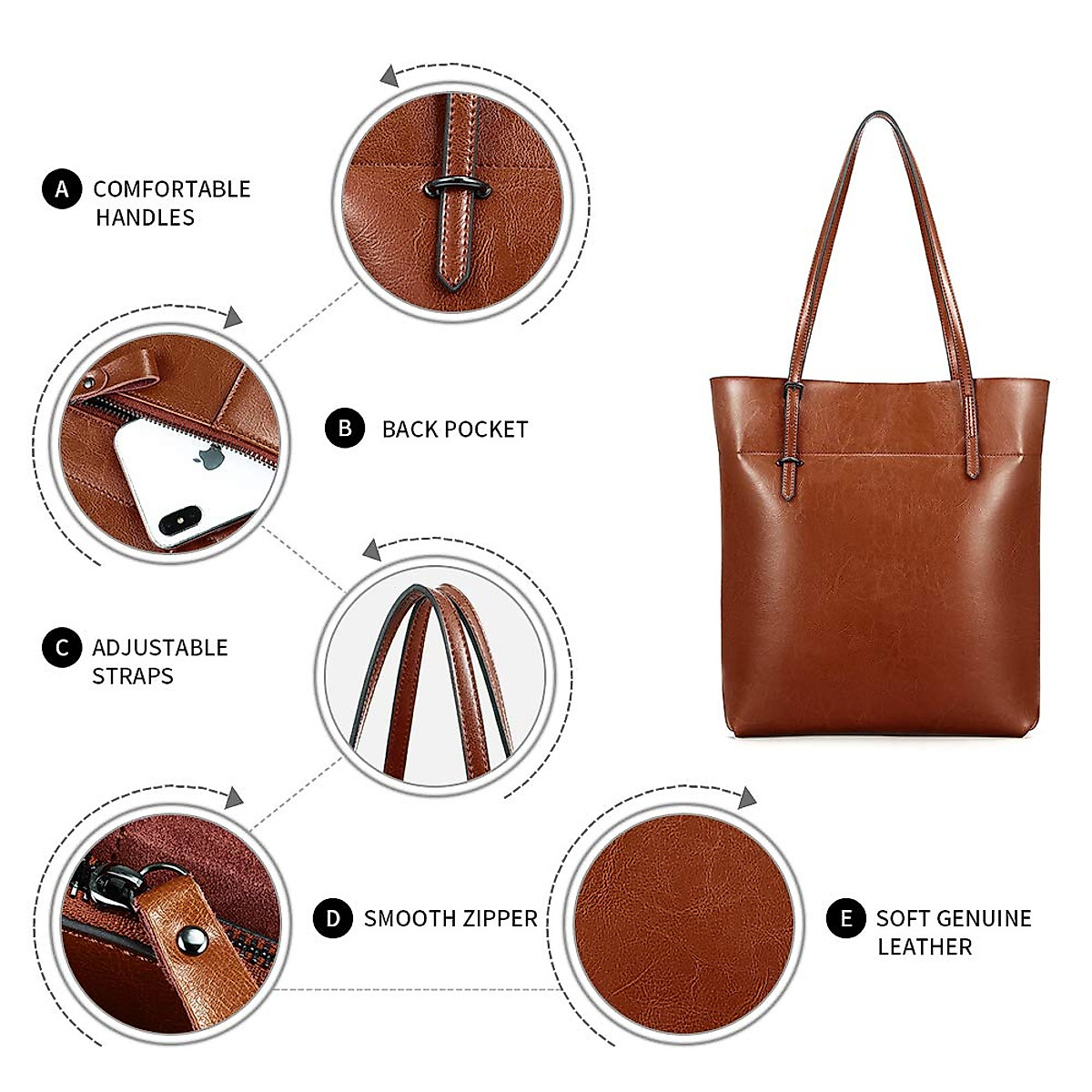 Kattee Vintage Genuine Leather Tote Shoulder Bag With Adjustable Handles Soft Leather Hobo handbags for Women