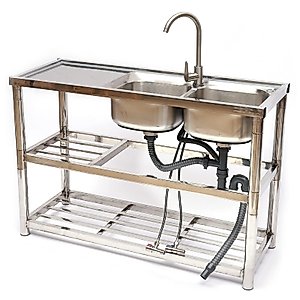 DUTTIETY Free Standing Stainless-Steel Double Bowl Commercial Restaurant Kitchen Sink Set with Faucet