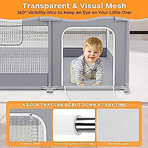 ZESHWER Baby Playpen, Playpen for Babies with Gate, 50”×50” Large Playpen for Toddlers, Baby Fence Play Area, Sturdy Safety Baby Play Yard with Soft Breathable Mesh, Grey