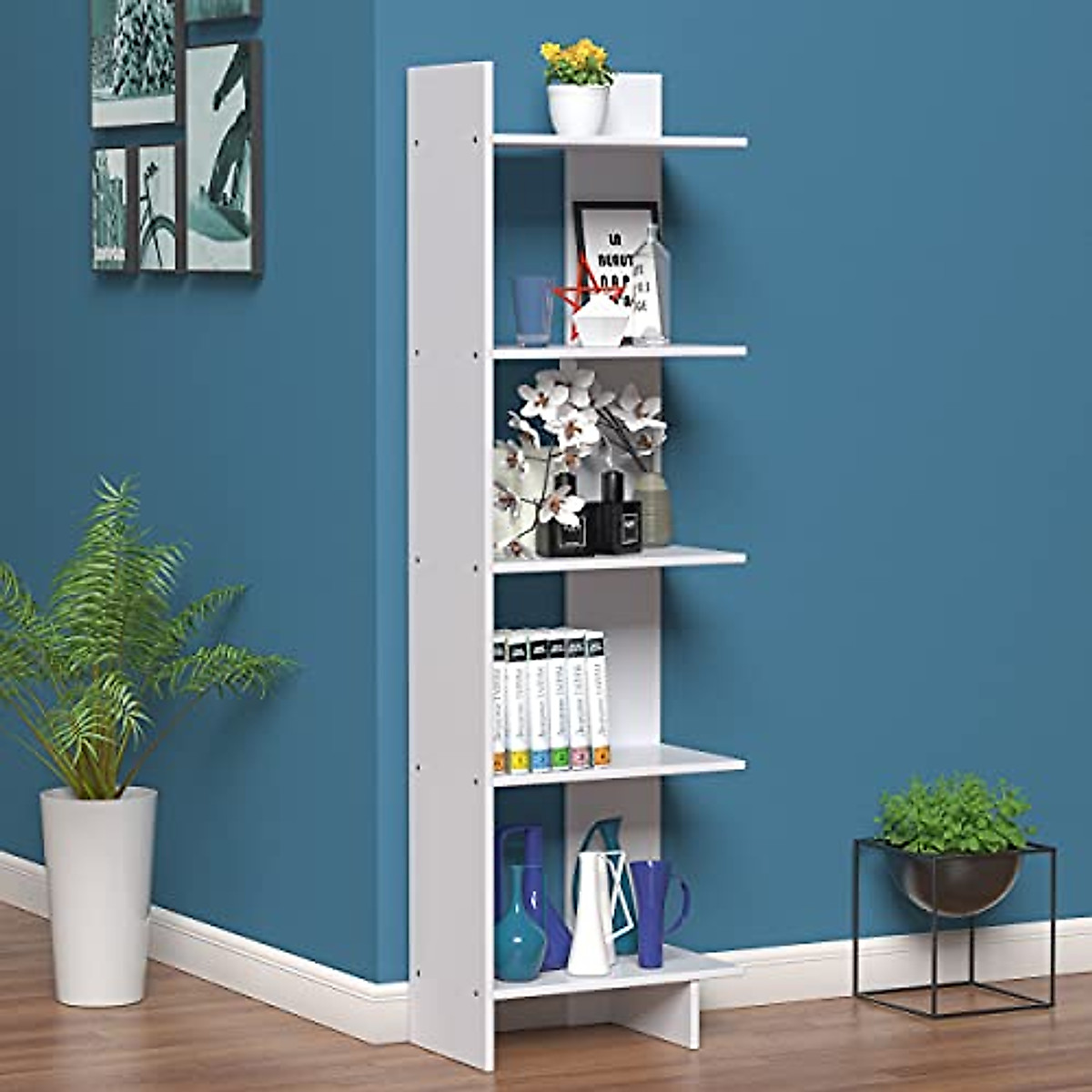 Tangkula 5-Shelf Bookcase, Room Divider and Display Shelf, Freestanding Decorative Storage Shelving, Wooden Bookshelf for Home Living Room Office Bedroom, Room Divider Bookshelf (White, 1)