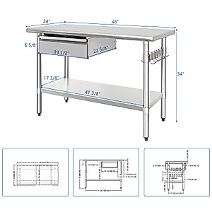HARDURA Stainless Steel Prep Table with Drawer 24" x 48" NSF Heavy Duty Bench with Undershelf, Hook and Galvanized Legs for Commercial Food Prep