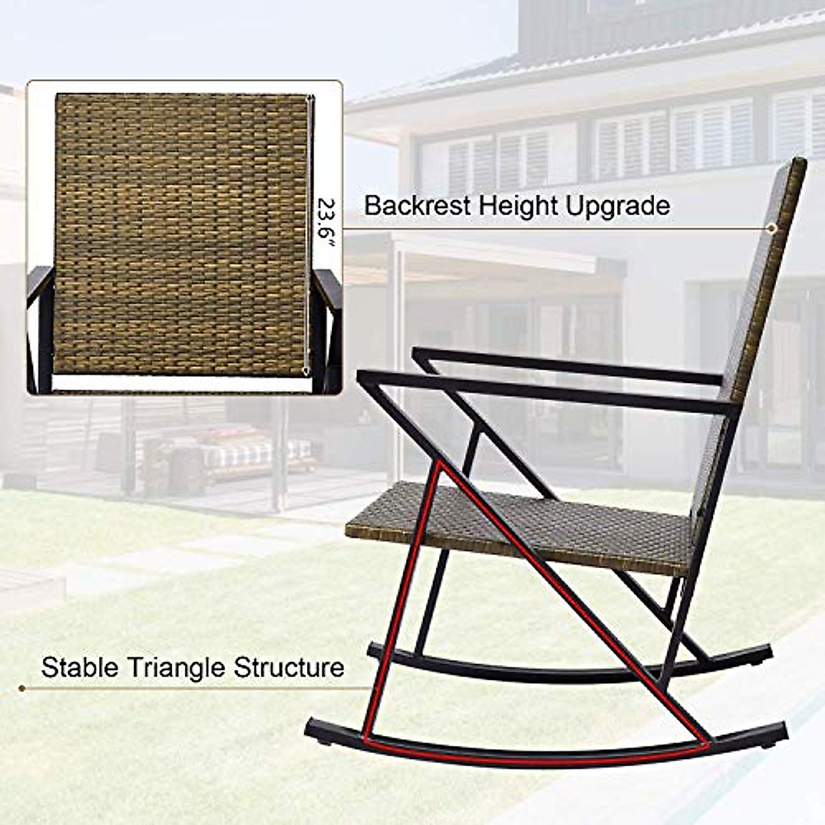 3-Piece Rattan Rocker Chair Outdoor Garden Bistro Set Rocking Chair Wicker Lounge with Cushion and Coffee Table (Dark Grey)