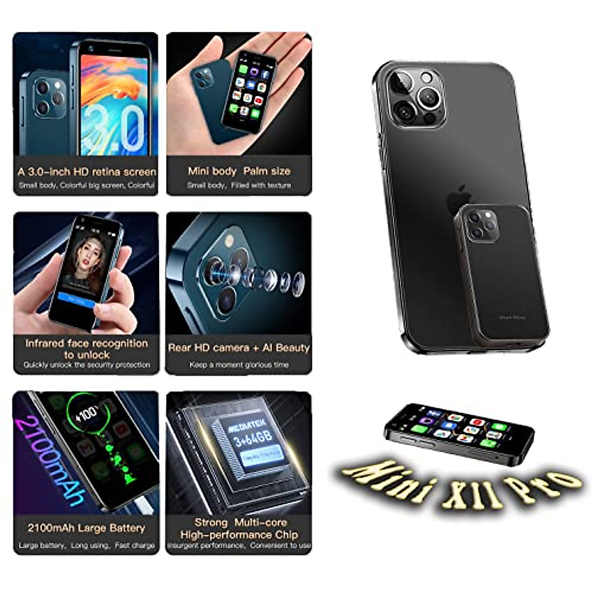 iLight Mini Smartphone 12 Pro - The World's Smallest 12 Pro Android Mobile 4G LTE Phone, Super Small 3" HD Touch Screen Global Unlocked Great for Kids 3GB RAM / 32GB ROM Tiny iPhone 12 Pro Look Alike