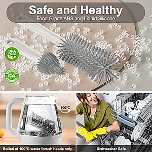 6 in 1 Bottle Cleaning Brush Set with Silicone Bottle Brush, Nipple Brush, Straw Brush, Soap Dispenser, Drying Rack for Baby Bottle and Water Bottle, Space Saving Baby Essentials for Home and Travel