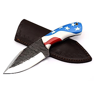 Custom Handmade High Carbon Steel Hunting Skinning Knife Outdoor Camping Hiking Bushcraft Resin American Flag Handle Hand forged Full Tang Knife With Leather Sheath