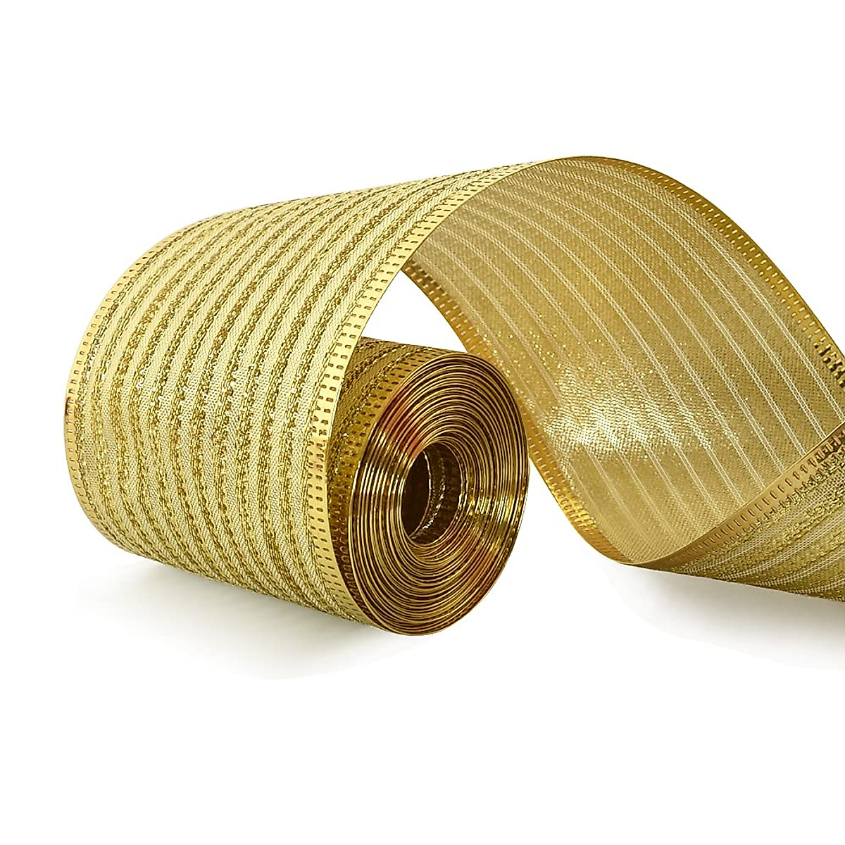TONIFUL Christmas Ribbon Bright Champagne Gold Wired Edged Ribbons Roll Sparking Metallic Glitter Ribbon 2-1/2 Inch Wide for Xmas Tree Decorations Wreath DIY Crafts Bows Tree Gift Wrapping（6.5 Yards）