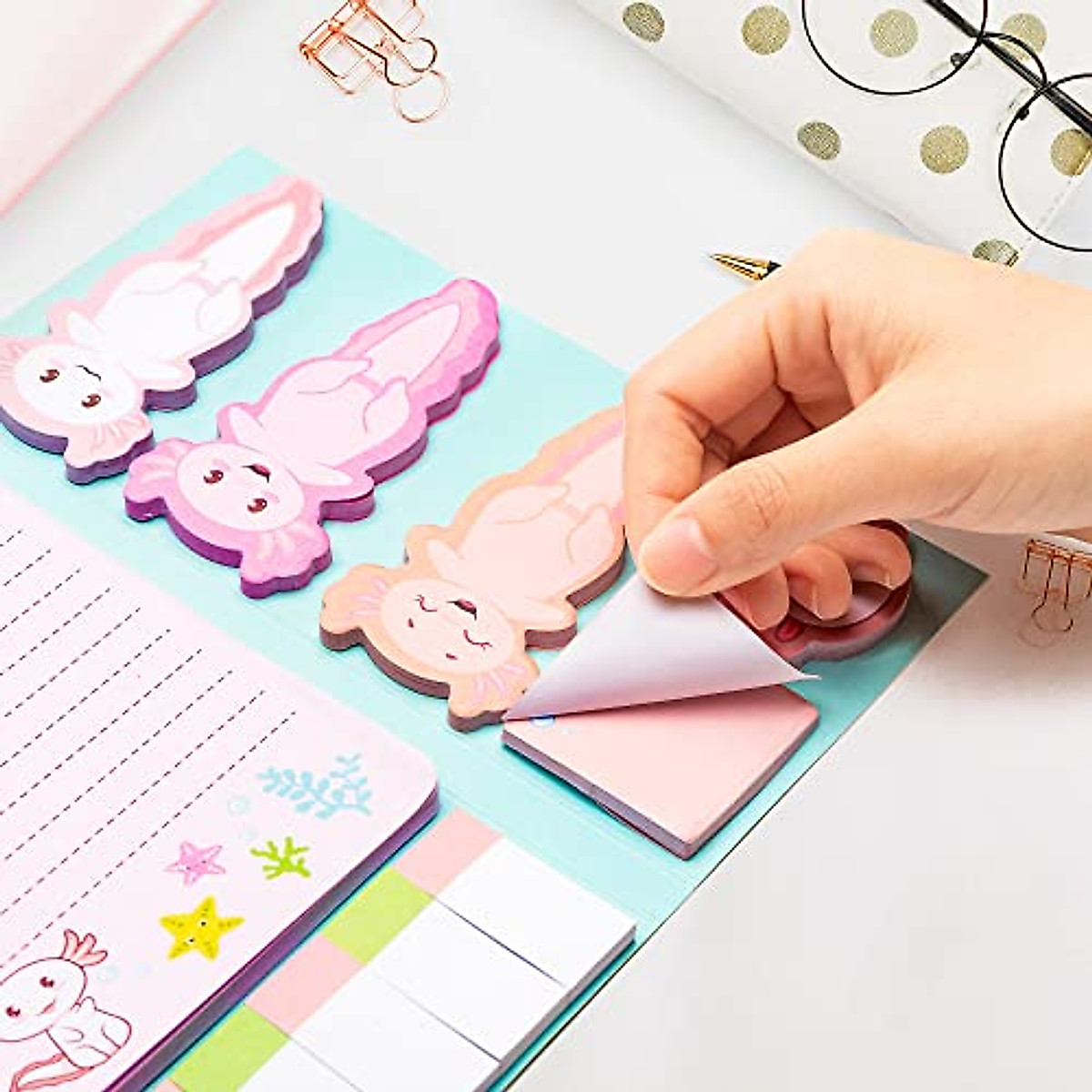 Xqumoi I Just Really Like Axolotl Sticky Notes Set, 550 Sheets, Animal Mexican Walking Fish Shaped Self-Stick Notes Pads Divider Tabs Bundle Writing Memo Pads Page Marker School Office Supplies Gift