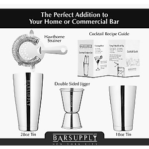 Professional Boston Cocktail Shaker Set | 4-Piece Bar Set | Stainless Steel 304 | 28oz/18oz Weighted Shaker Tins | Hawthorne Strainer | Double Sided Jigger | Recipe Booklet | Bartender Kit (Silver)