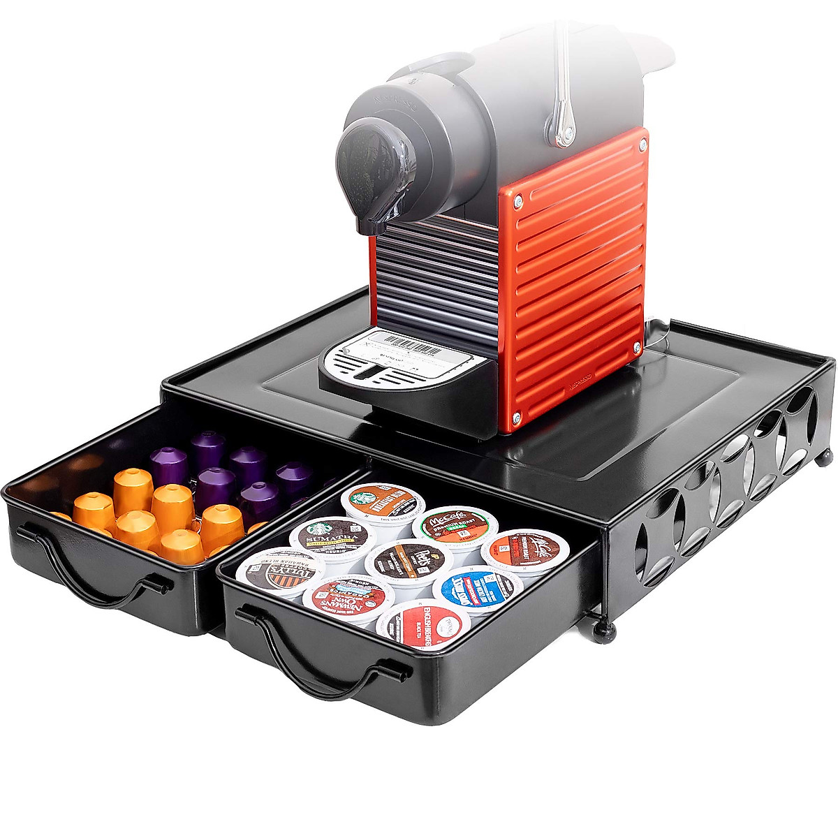 Coffee Vertuo Pod Holder, Capsules Stand Storage Drawer for K Cup Holders, Pod Holders Station for Counter Organizer for K-Cup Pods, Nespresso OriginalLine, Teabags Home Kitchen Bar -Black Metal