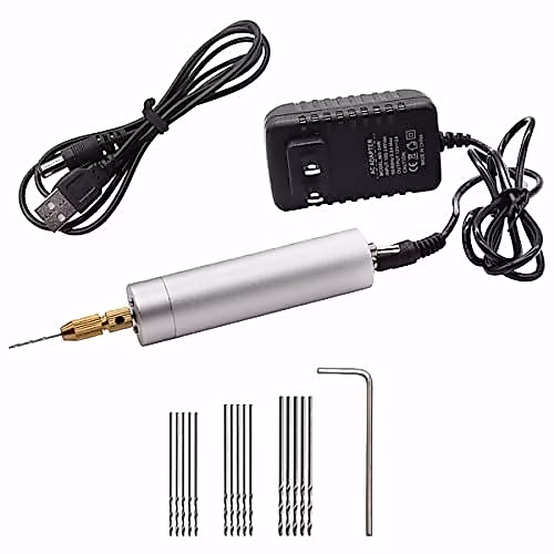 Dianrui Mini Portable Electric Handheld Aluminum Drill with 15pcs 0.8-1.2mm Twist Drills and 1pcs 1.5mm Wrench, Including 1pcs 2A Power Supply and 1pcs USB Adapter Wire K1-033-set