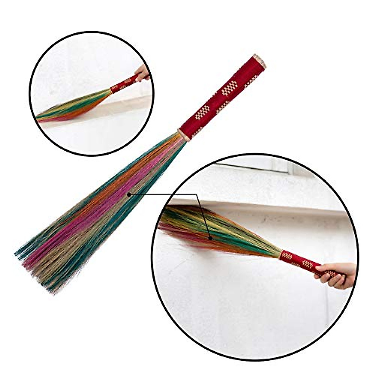 14 inch 0verall Length of Colorful Dusting Brushes Grass Broom Bamboo Embroidered Woven Nylon Thread Handle for Sweeping Dirt, Dust, Debris Ceiling Wall, Cabinet