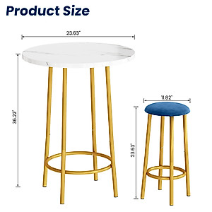 AWQM 3 Piece Bar Table Set, Round Pub Dining Set with Golden Metal Frame, Velvet Bar Stools, Ideal for Breakfast Nook, Kitchen, Small Spaces