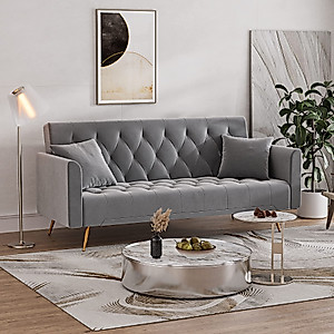 OUYESSIR Velvet Futon Couch Bed, 71 inch Loveseat Convertible Sleeper Sofa with 2 Pillows, Modern Small Futon Couch for Bedroom, Living Room (Grey)