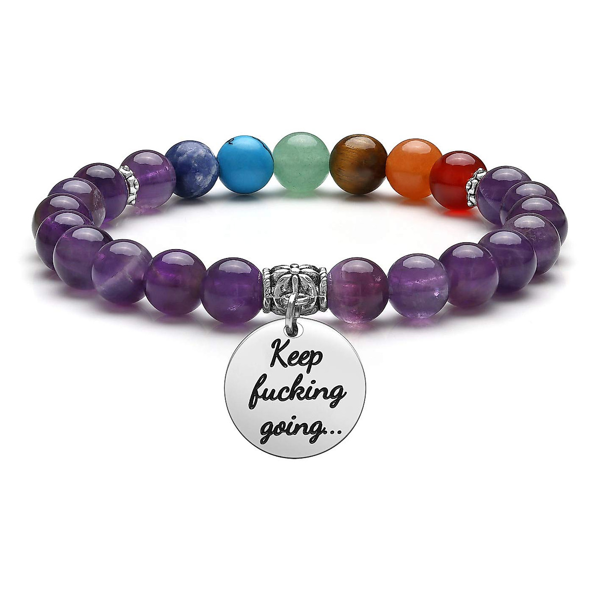 Top Plaza Amethyst Healing Crystal Stone Bead Bracelet 7 Chakra Reiki Yoga Gemstone Beaded Bracelets Inspirational Message Charm Bracelet for Women Men