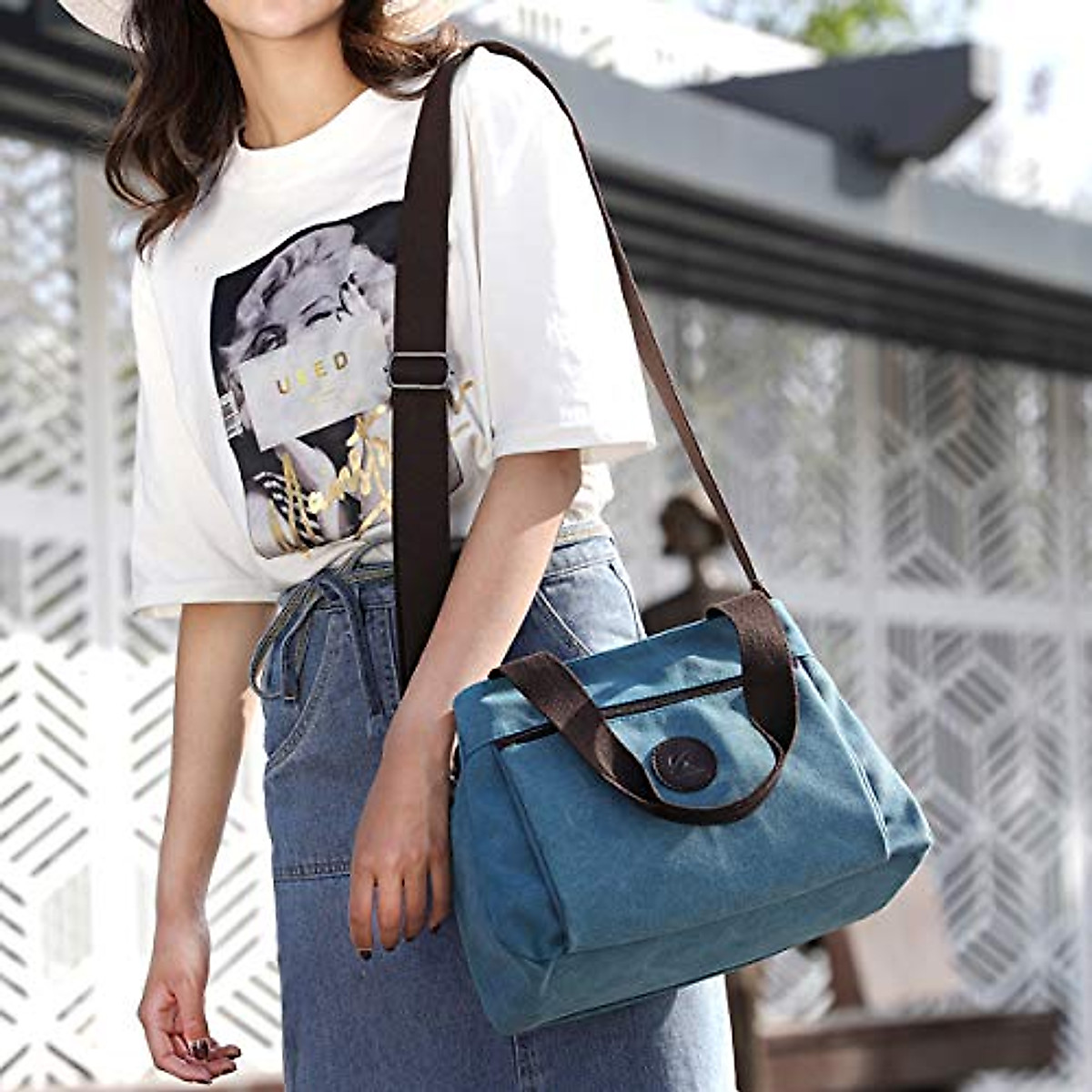 DOURR Hobo Handbags Canvas Crossbody Bag for Women, Multi Compartment Tote Purse Bags (Blue - Medium)