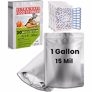 30pcs Mylar Bags for Food Storage with Oxygen Absorbers - Extra Thick 14.8 Mil - 1 Gallon Mylar Bags with Oxygen Absorbers 400cc- Ziplock Resealable Bolsas Mylar con absorbentes - Mylar Bag 1 Gallon
