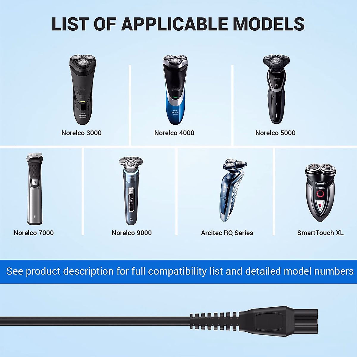 Replacement for Philips Norelco Charger Cord Fit HQ8505 7000 5000 3000 Series 3500 mg5750 mg7750 S1560 Electric Shaver Razor, Aquatec, Arcitec, Multigroom Beard Trimmer & More 15V Power Cord Adapter