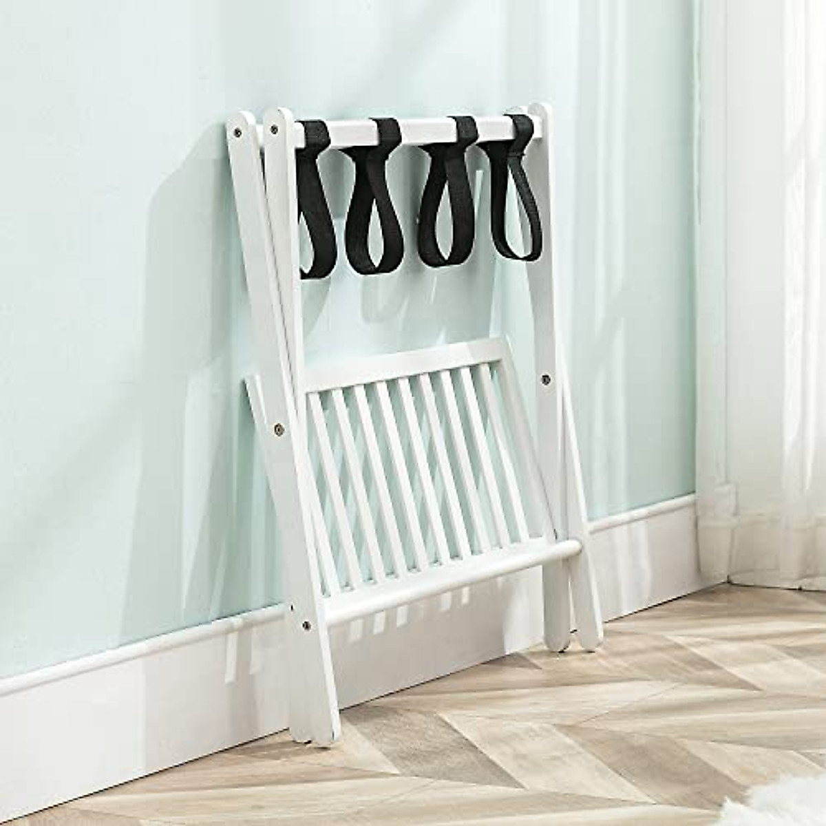 Zoopolyn Luggage Rack with Storage Shelf for Guest Room Folding Suitcase Bamboo Stand Hotel Bedroom White