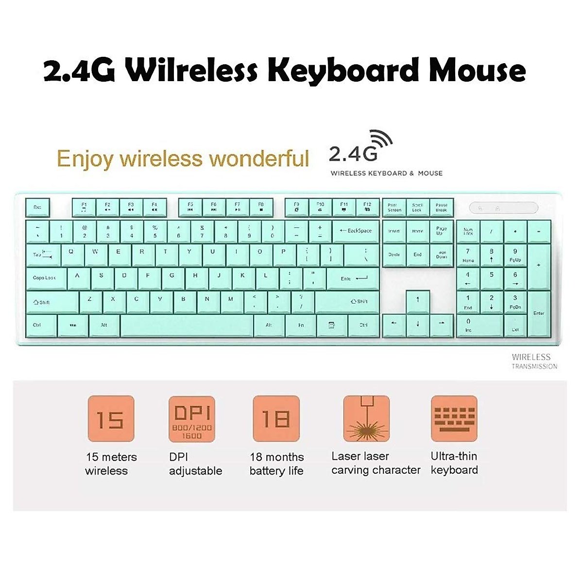 Wireless Keyboard Mouse Combo,2.4G USB Cordless Cute Lightweight Mute Chocolate Keyboard and Optical 800-1200-1600DPI Adjustable Mouse Set Office Game Home Use for Notebook Laptop Computer (Green)