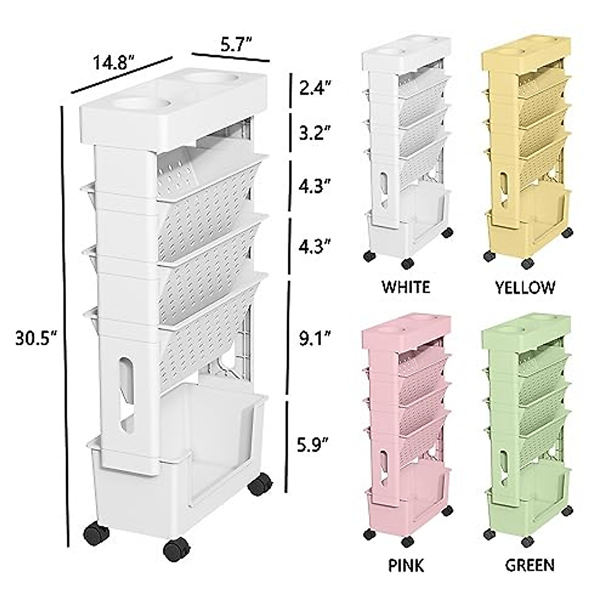 yeavs 5-Tier Mobile Bookshelf, Rolling Bookcase Book Storage Rack, Movable File Folder Organizer Cart with Wheels for Home Study Office Living Room Classroom, White