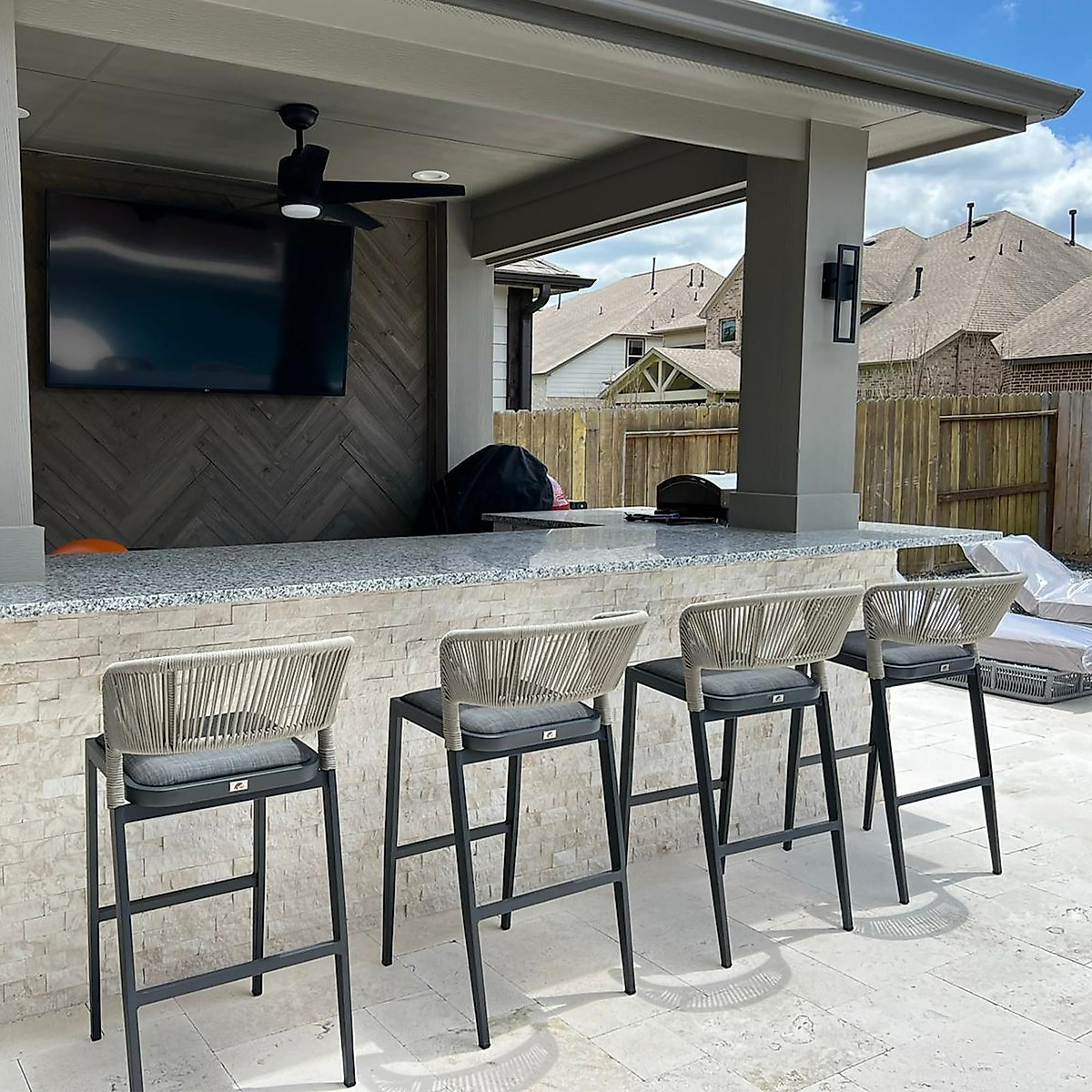 PURPLE LEAF Counter Height Bar Stool Set of 2 Modern Aluminum Rattan Wicker Outdoor Barstools with Backrest and Cushion for Kitchen Lawn Pool Bar Chairs Dark Grey