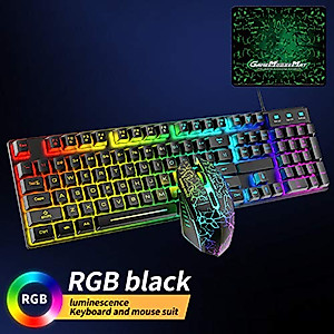 MAOSUO T6RGB Luminous Wired Gaming Keyboard and Mouse Set with Large Mouse Pad USB Colorful Backlit Easy-to-Operate Mechanical Feel Keyboard Accessories Kit for Laptop Computer Gamer Work