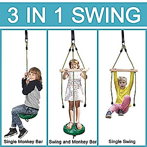 Swing for Kids Disc Swing Tree Swing Set Accessories Rope Swing Adjustable Swing Set with Monkey Bars 1 Carabiner 2 Added Hanging Straps, 3 in 1 Heavy Duty Swingset for Zipline Outdoor Backyard