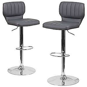 KLS Modern Barstools Adjustable Hydraulic 360 Degree Swivel Stable Steel Frame Padded Vinyl Cushion Low Back Seat Design Dining Chair Pub Stool - Set of 2 Grey # 1969