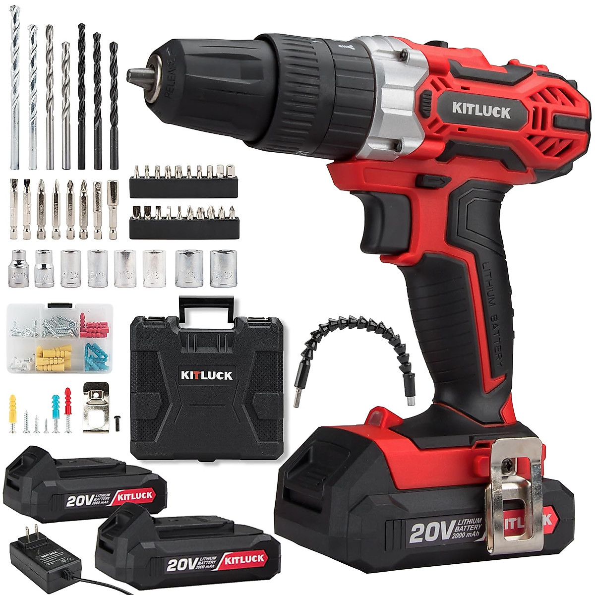Cordless Drill Set, 20V Power Drill Kit with 2 X 2.0AH Battery, 44pcs Drill/Driver Bits, 1 Box Screws, Bubble Level, 3/8'' Chuck Electric Drill, 32NM, 21+3 Position, 2 Variable Speed