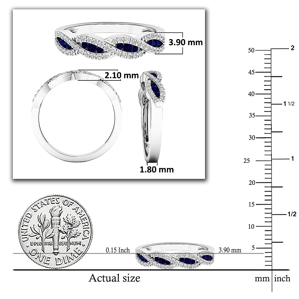 Dazzlingrock Collection Round Blue Sapphire & White Diamond Crisscross Stackable Wedding Band for Women in 925 Sterling Silver Size 6
