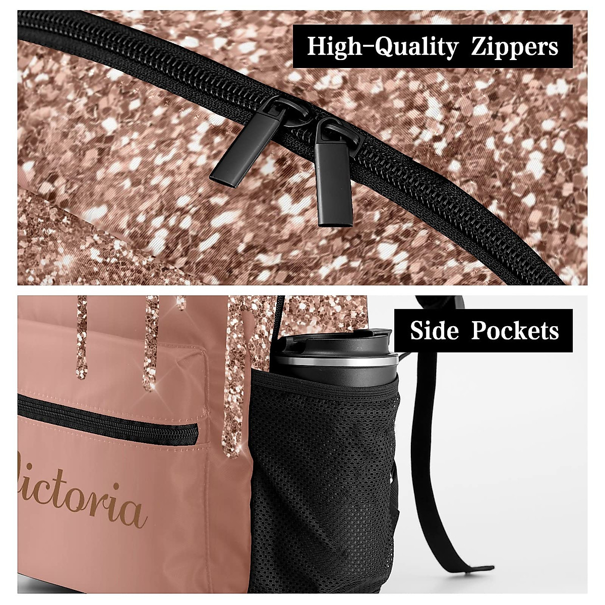 Liveweike Rose Gold Glitter Sparkle Drip Personalized Kids Backpack with Name Teen Girl Boy Primary School Travel Bag