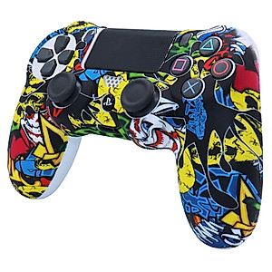 Transfer Printing Anime Silicone Cover Skin Case For Sony PS4/Slim /Pro Dualshock 4 Controller ,Soft Anti Slip Camouflage Silicone cover with thumb grip cap accessories x 10 (Monster spray painting)
