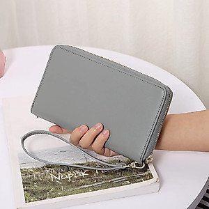 CLUCI Womens Wallet Large Leather Clutch Ladies Travel Purse Zipped Large Multi Card Organizer with Wristlet Gray