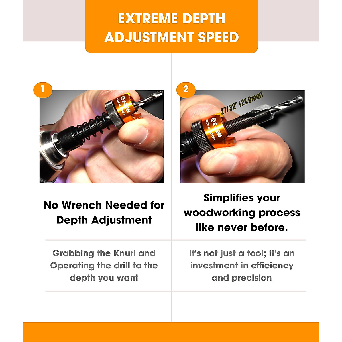 Adjustable Depth Countersink Drill Bit, Self-Adjusting Depth Control Without Wrench, Preventing Scratches Or Marks by Stopper Mounted Bearing, Tungsten Carbide Tipped Counterbore (1/8" x5/16(3x8mm))