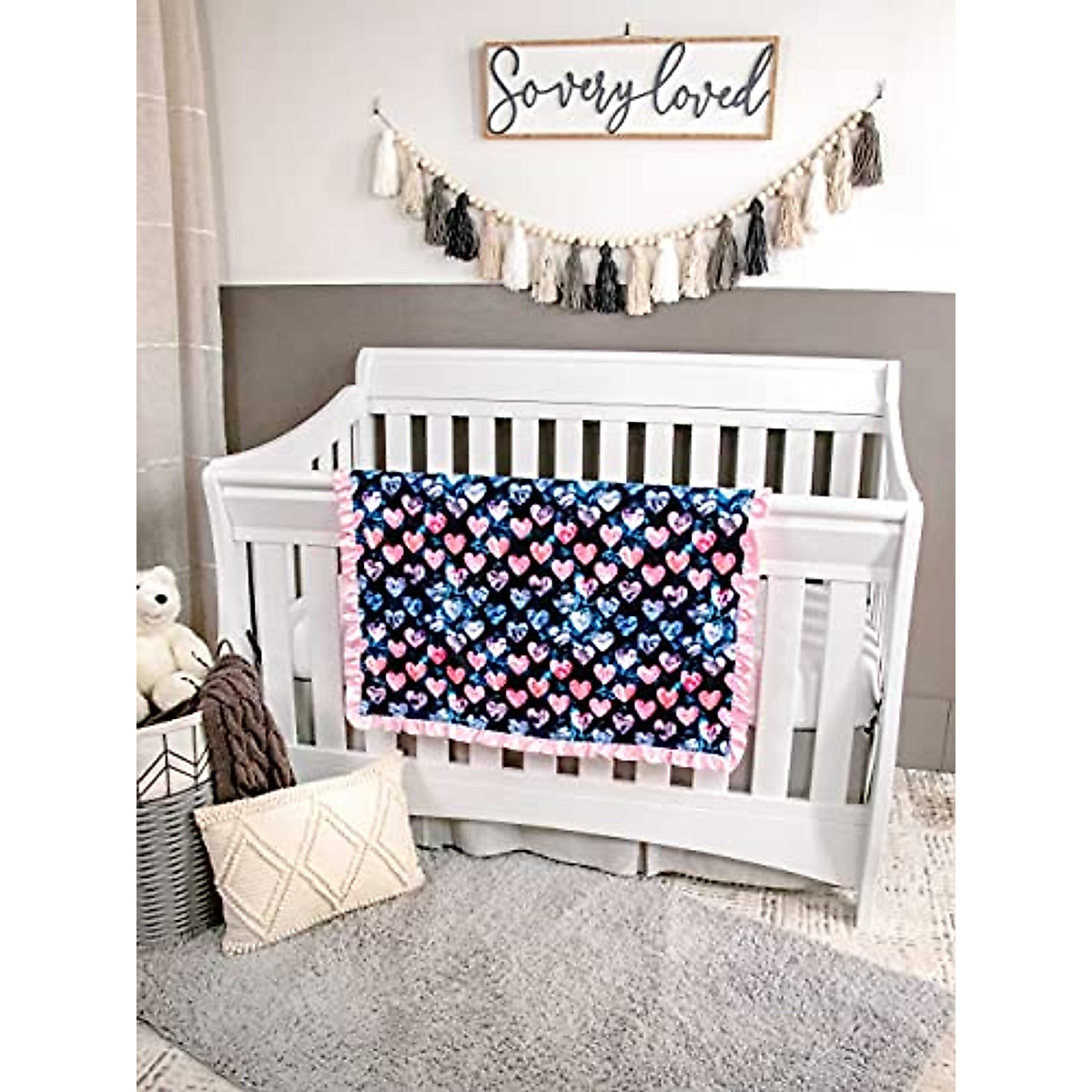 Top Tots Baby Blanket - Small Colored Hearts with Pink Minky Dot & Satin Ruffle, 31 x 31 Inch Blue