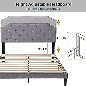 QZhommer Full Size Bed Frame, Modern Upholstered Platform Bed with Adjustable Button Tufted & Riveted Headboard with Wood Slat Support, Easy Assembly, No Box Spring Needed(Grey)