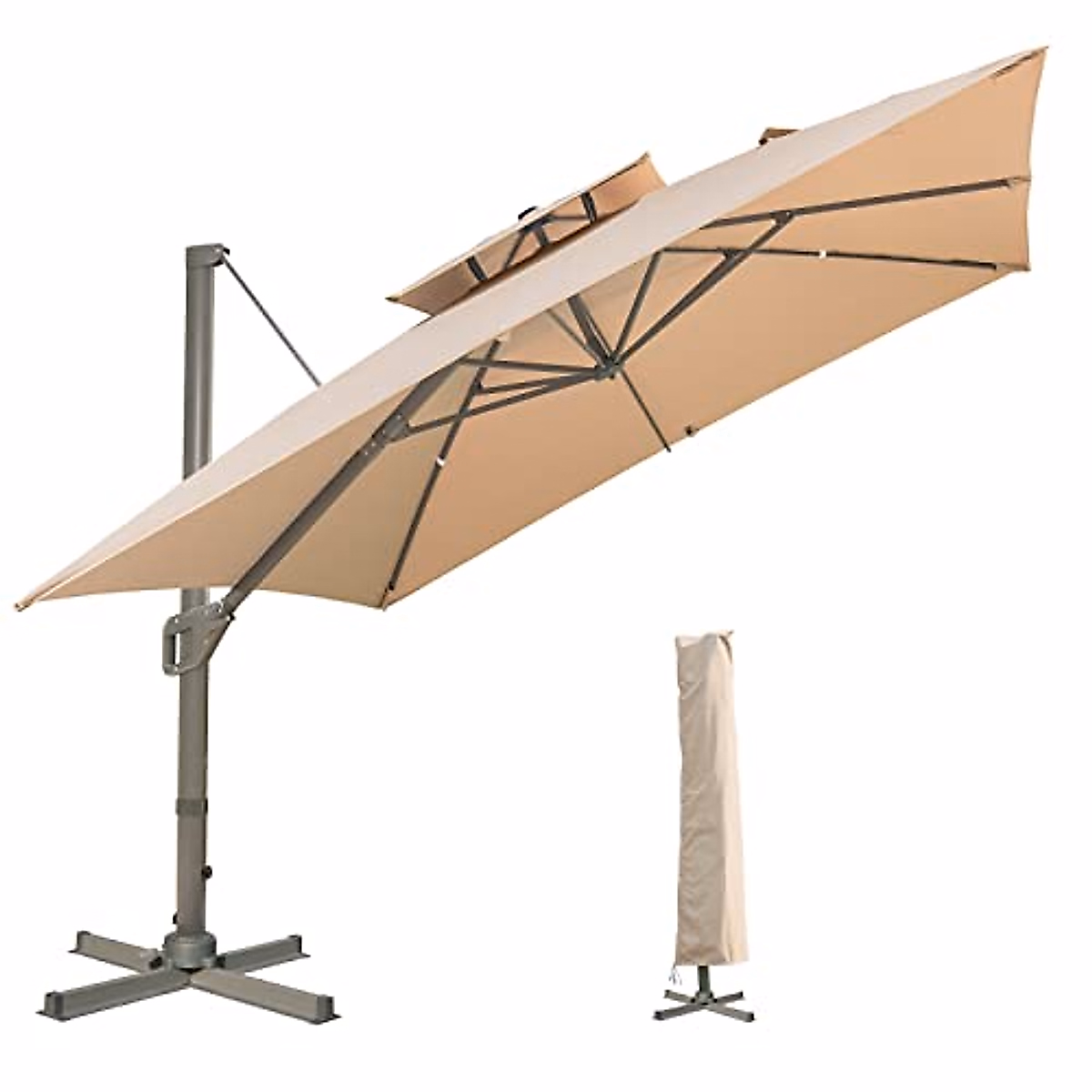 LKINBO 9X9FT Cantilever Umbrella Double Top Outdoor Umbrellas Large Patio Umbrella Windproof Offset Umbrella Heavy Duty Hanging Sun Umbrella With Cross Base for Garden Deck Pool Beach Market, Khaki