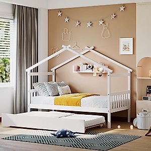 GOWE Twin Size Wooden House Bed with Twin Size Trundle, White