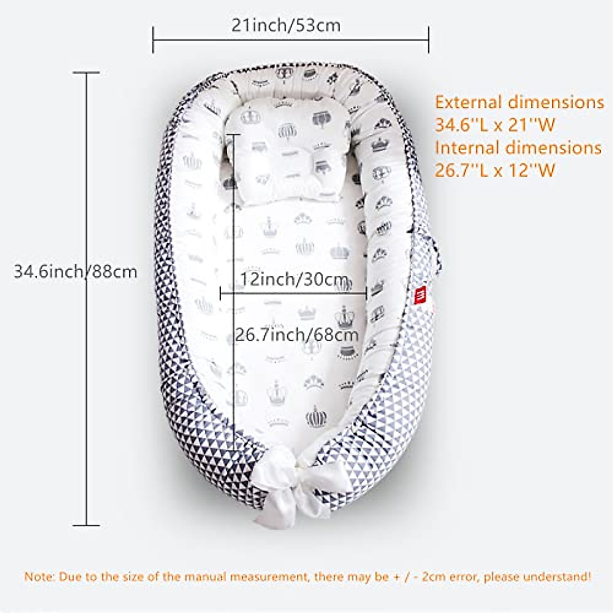 Vohunt Baby Lounger for Newborn,100% Cotton Co-Sleeper for Baby in Bed with Handles,Soft Newborn Lounger Adjustable Size & Strong Zipper Lengthen Space to 3 Tears Old(Triangular Crown)