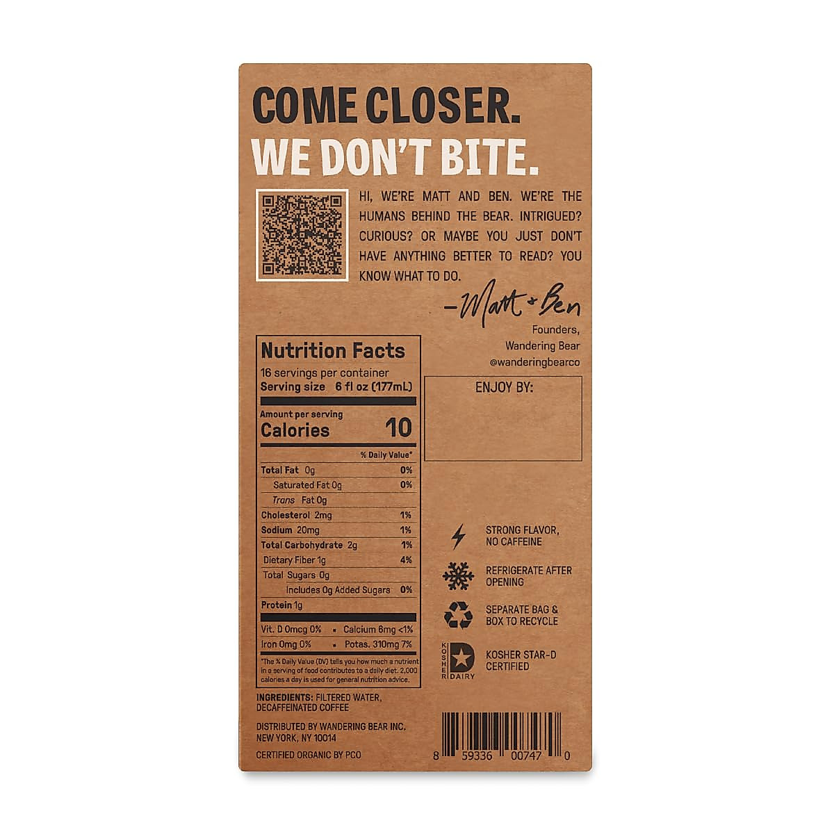 Wandering Bear DECAF Cold Brew Coffee On Tap, 96 fl oz - Extra Strong, Smooth, Unsweetened, Shelf-Stable, and Ready to Drink Iced Coffee, Cold Brewed Coffee, Cold Coffee