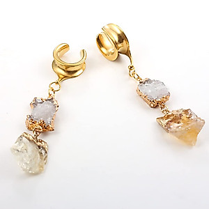 Earblity 10mm (00g) Natural Stone Dangle Saddle Ear Plugs Tunnels Weights Gold Hypoallergenic Stainless Steel Flesh Piercing Ear Gauges Expander For Women Body Jewelry 2PCS