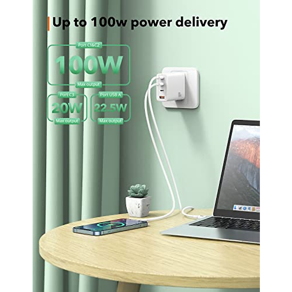 100W USB C Charger, THREEKEY 4-Port GaN Foldable Fast Charger Block with 100W 3.3FT C to C Cable, Compatible with MacBook Pro/Air,iPhone 14/13/12,iPad Pro/Mini/Air,Galaxy S22/21,Laptop and More.