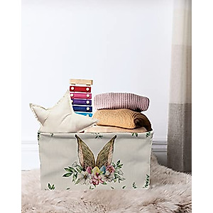 Easter Storage Bins with Handles, Rabbit Ears Eucalyptus Leaves Flower Burlap Storage Basket for Shelves, Cube Storage Organizer Bins for Toys, Closet (1 Pack, 15" x 11" x 9.5")