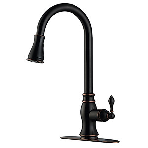 Derengge Oil Rubber Bronze Kitchen Sink Faucet,Single Handle Pull-Down Kitchen Faucet,with Deck Plate for Farmhouse, Camper, Laundry, Rv, Bar, 1 Hole or 3 Hole Installation,FK-C258D-ORB-TUD