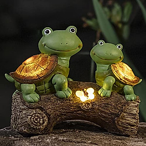 Garden Statue Turtles Figurine - Cute Frog Face Turtles Animal Sculpture with Solar LED Lights for Indoor Outdoor Spring Decorations, Patio Yard Lawn Ornaments, Gifts for Mom