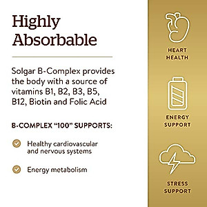 Solgar B-Complex “50”, 100 Vegetable Capsules - Energy Metabolism, Cardiovascular Support, Nervous System Support - Non-GMO, Vegan, Gluten Free, Dairy Free, Kosher, Halal - 100 Servings