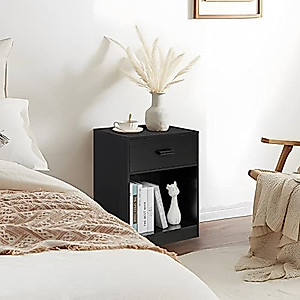 Iwell Nightstand Set of 2 with Drawer & Open Compartment, 23.6" H Bedside Table, End Table for Small Space, Bedroom, Black