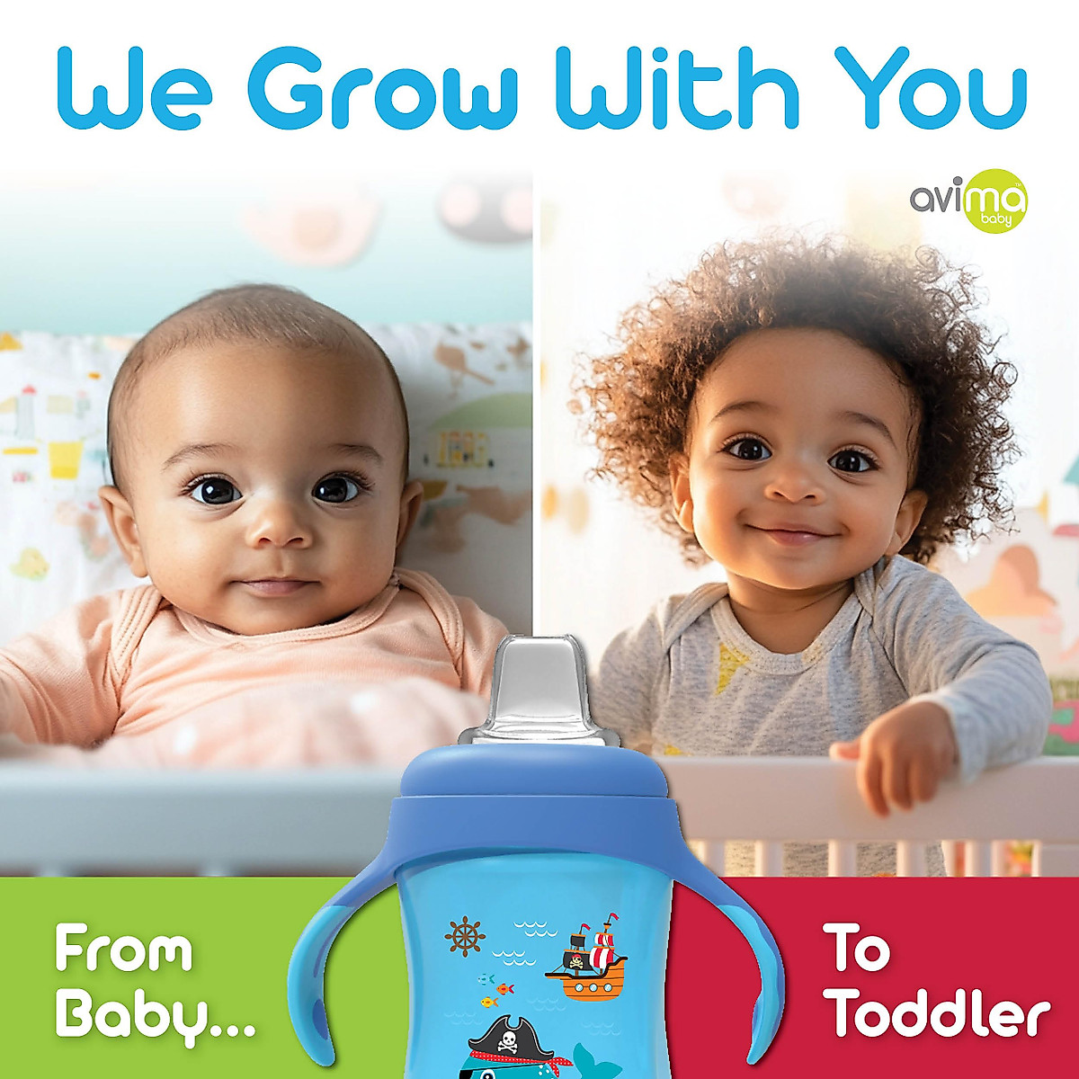 Avima Baby 10 oz Spill Proof Baby Sippy Cup w/Interchangeable Soft Spout Nipple - Trainer Sippy Cup with Handles - BPA Free & Dishwasher Safe Kids Cups - Set of 2, Blue