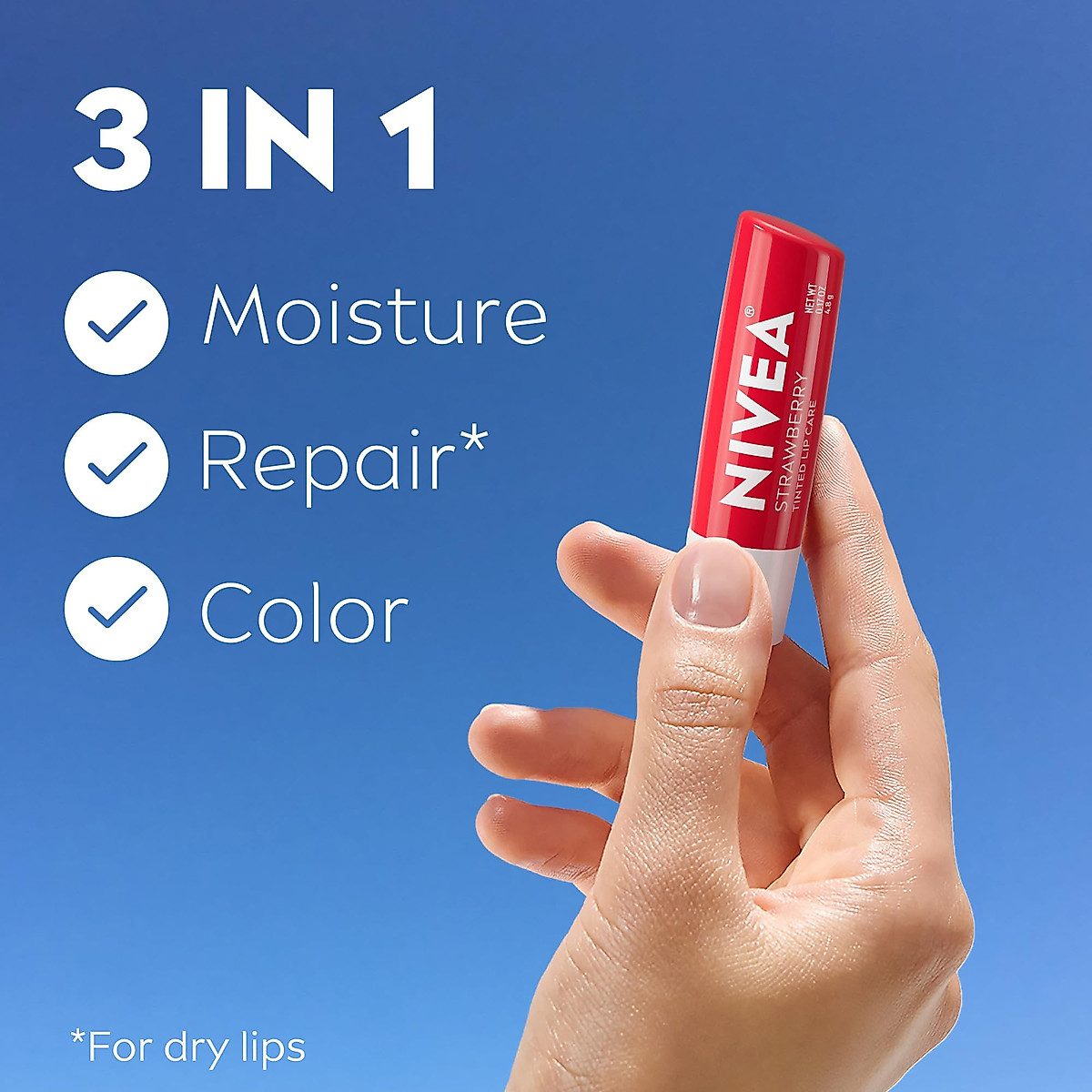 NIVEA Strawberry Lip Care, Tinted Lip Balm Pack with Shea Butter, Nourishing Oils and Vitamin C & E, 3-in-1 Moisture, Repair and Color, 0.17 Oz Stick, Pack of 4