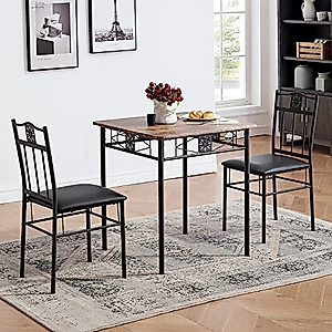 VECELO 3-Piece Dining Room Wooden Kitchen Table and Pu Cushion Chair Sets for Small Space, Retro Brown
